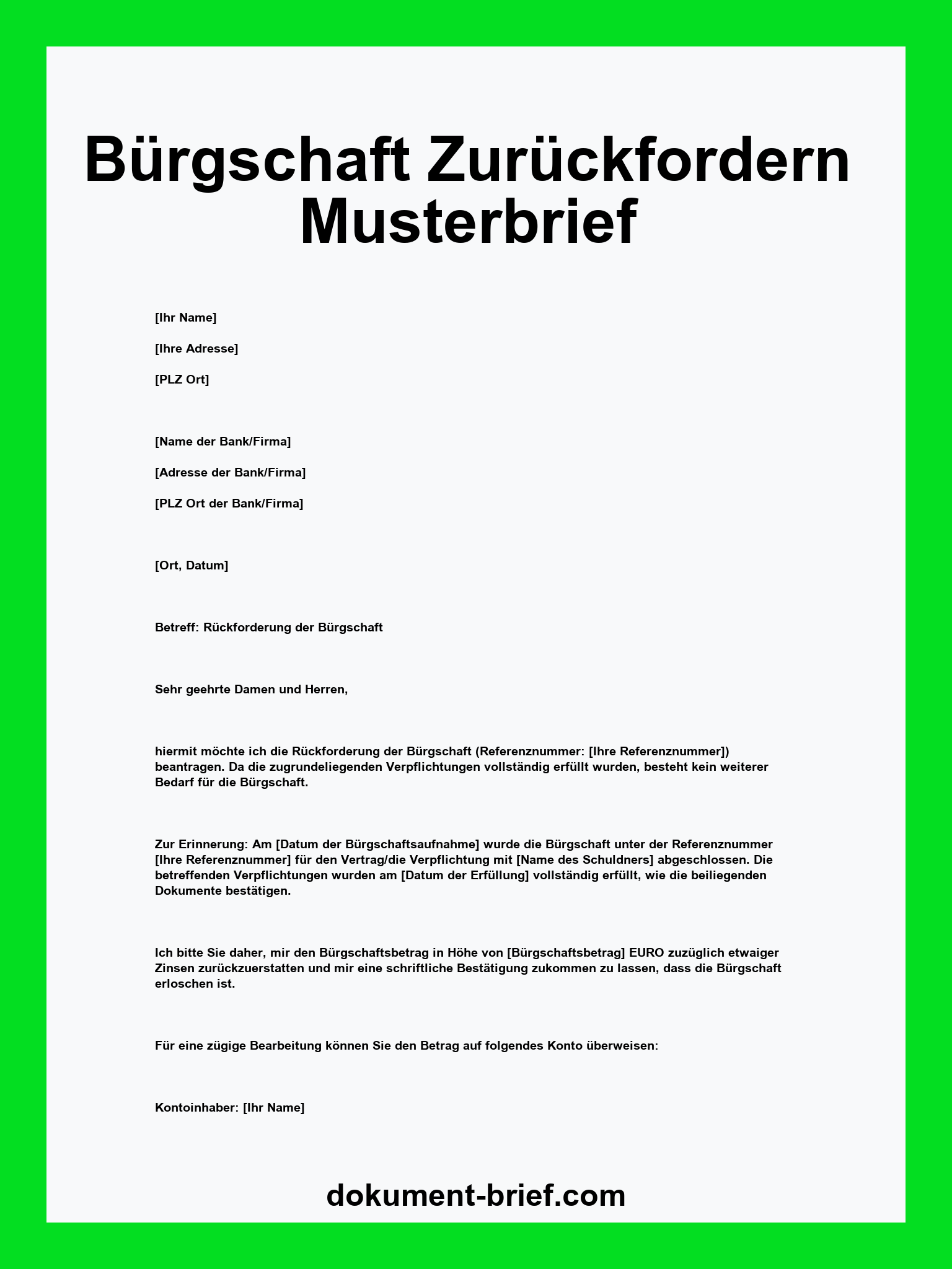 Musterbrief - Bürgschaft Zurückfordern