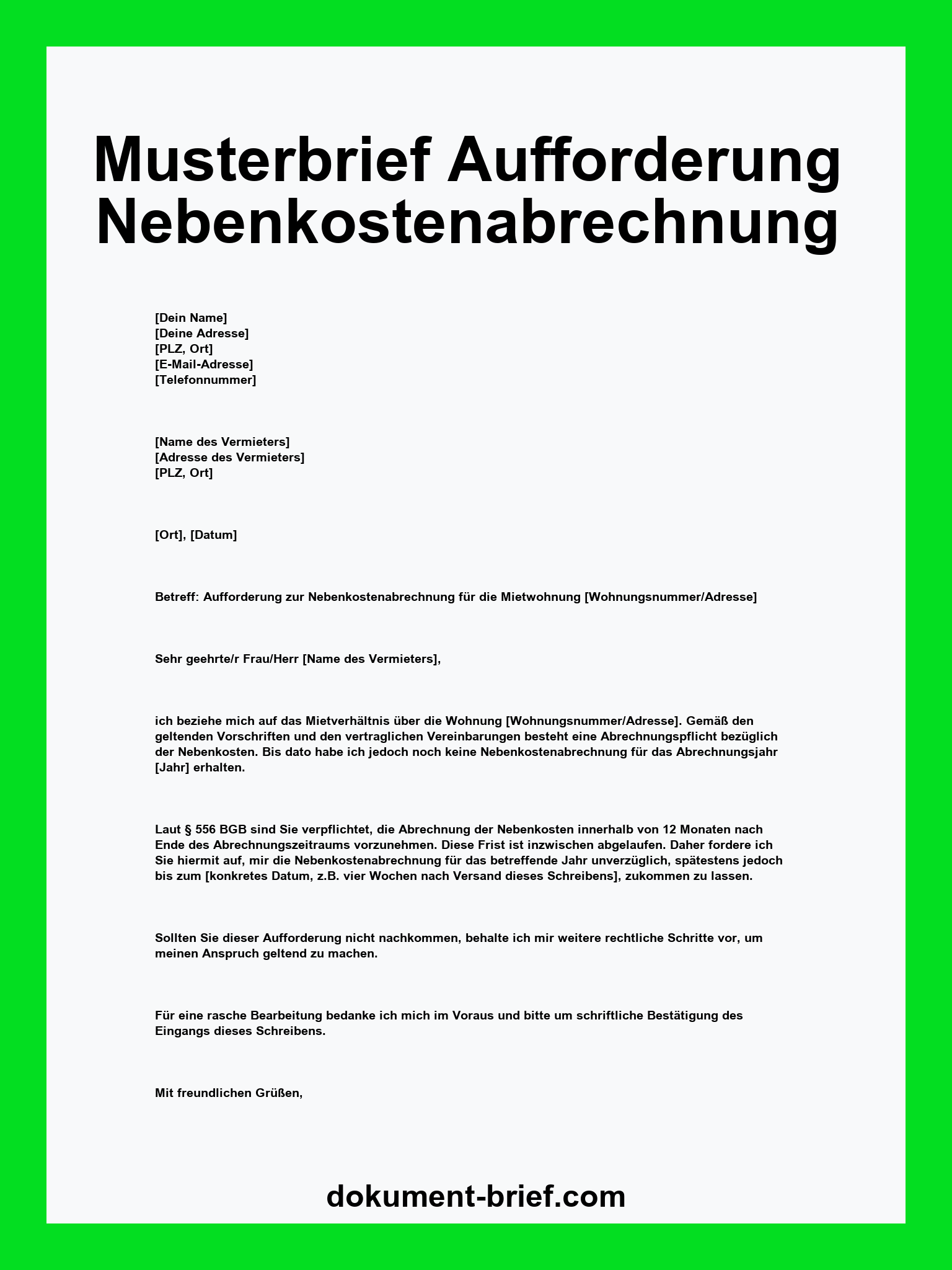 Musterbrief - Aufforderung Nebenkostenabrechnung