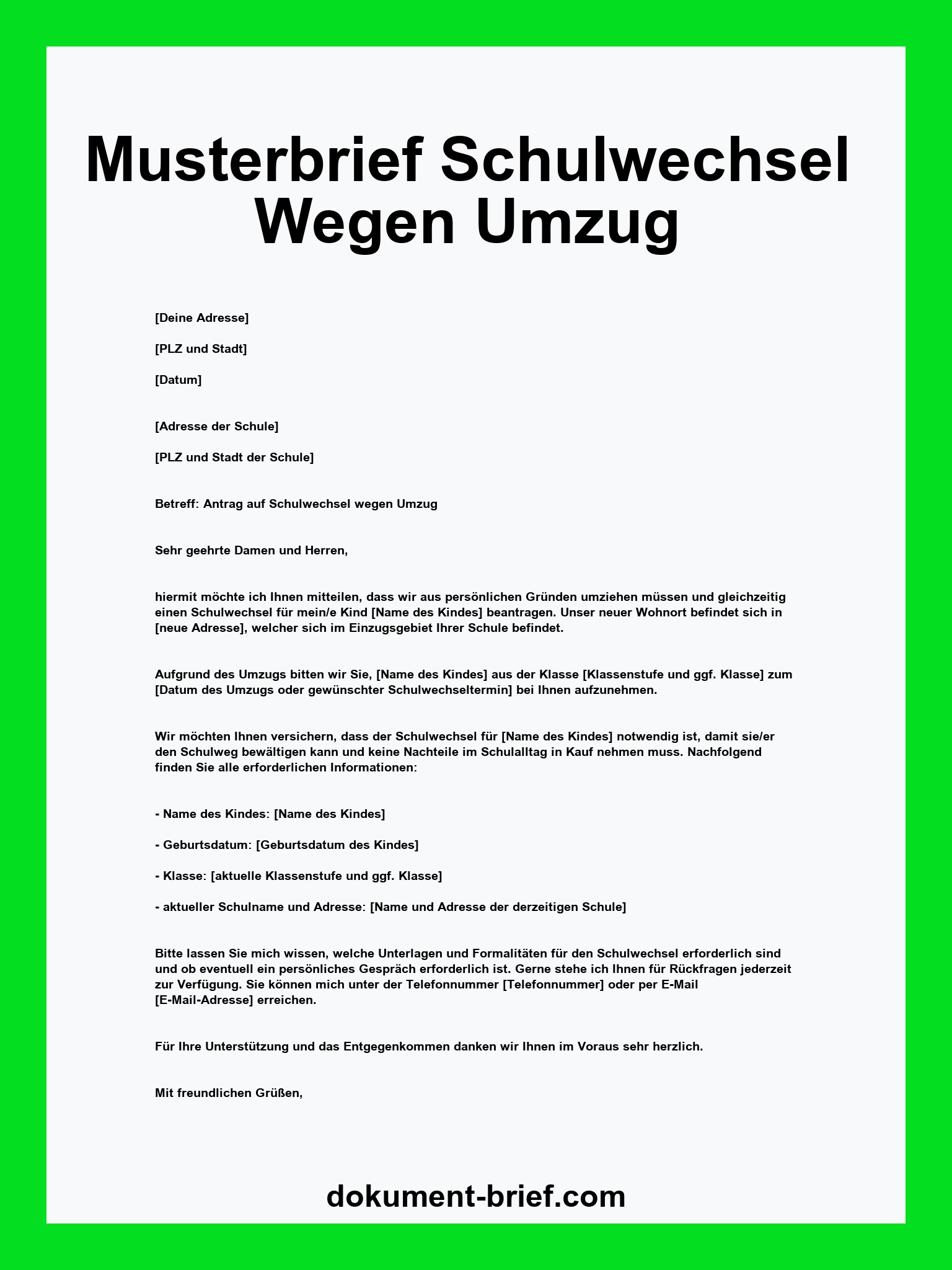 Musterbrief - Schulwechsel Wegen Umzug