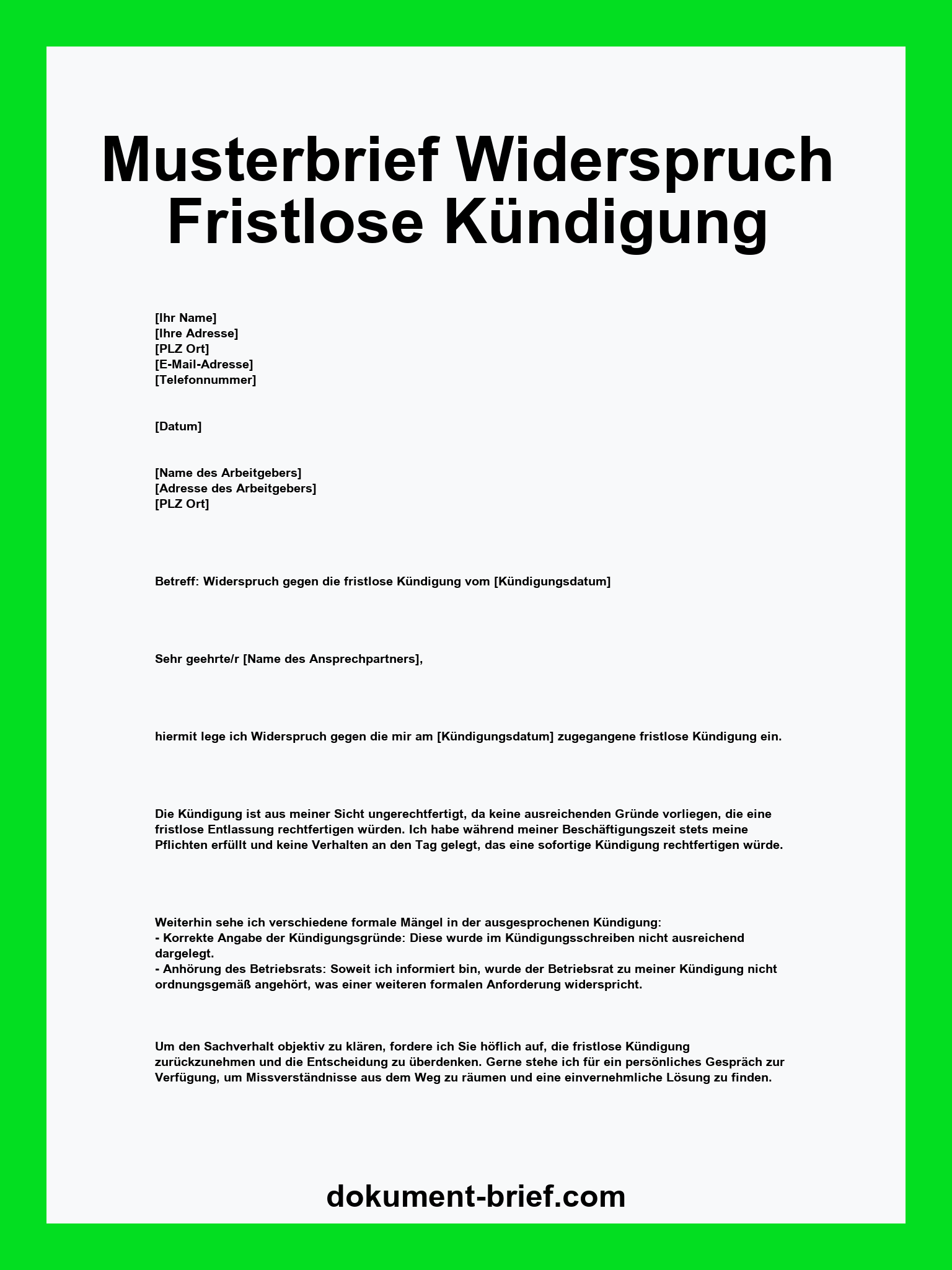 Musterbrief - Widerspruch Fristlose Kündigung