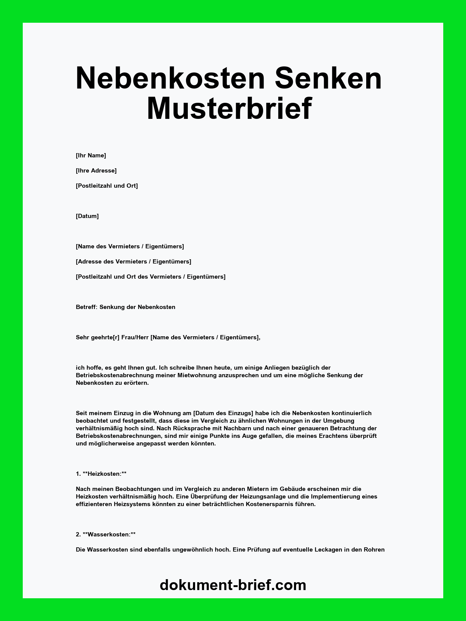 Musterbrief - Nebenkosten Senken