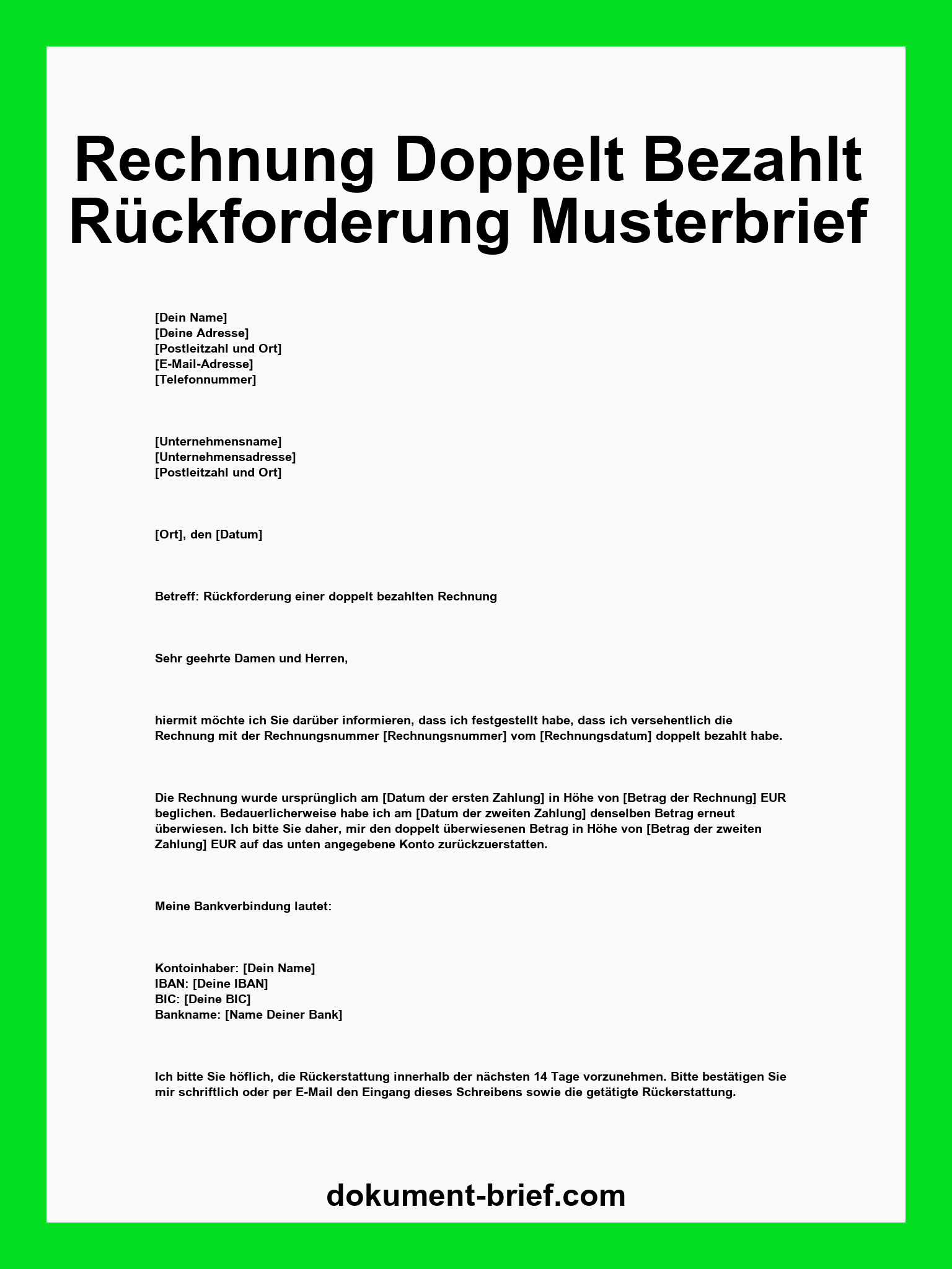 Musterbrief - Rechnung Doppelt Bezahlt Rückforderung