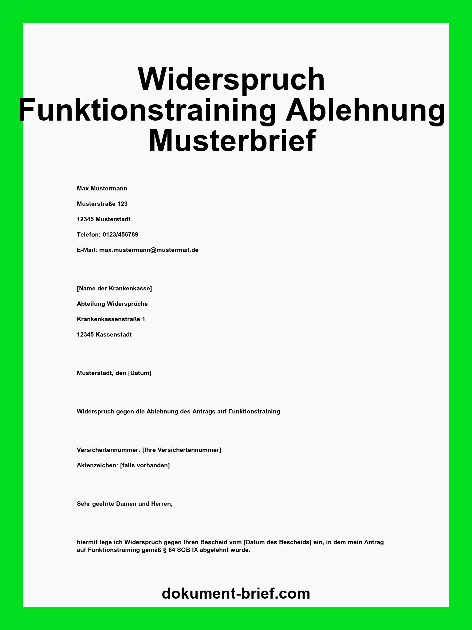 Musterbrief - Widerspruch Funktionstraining Ablehnung